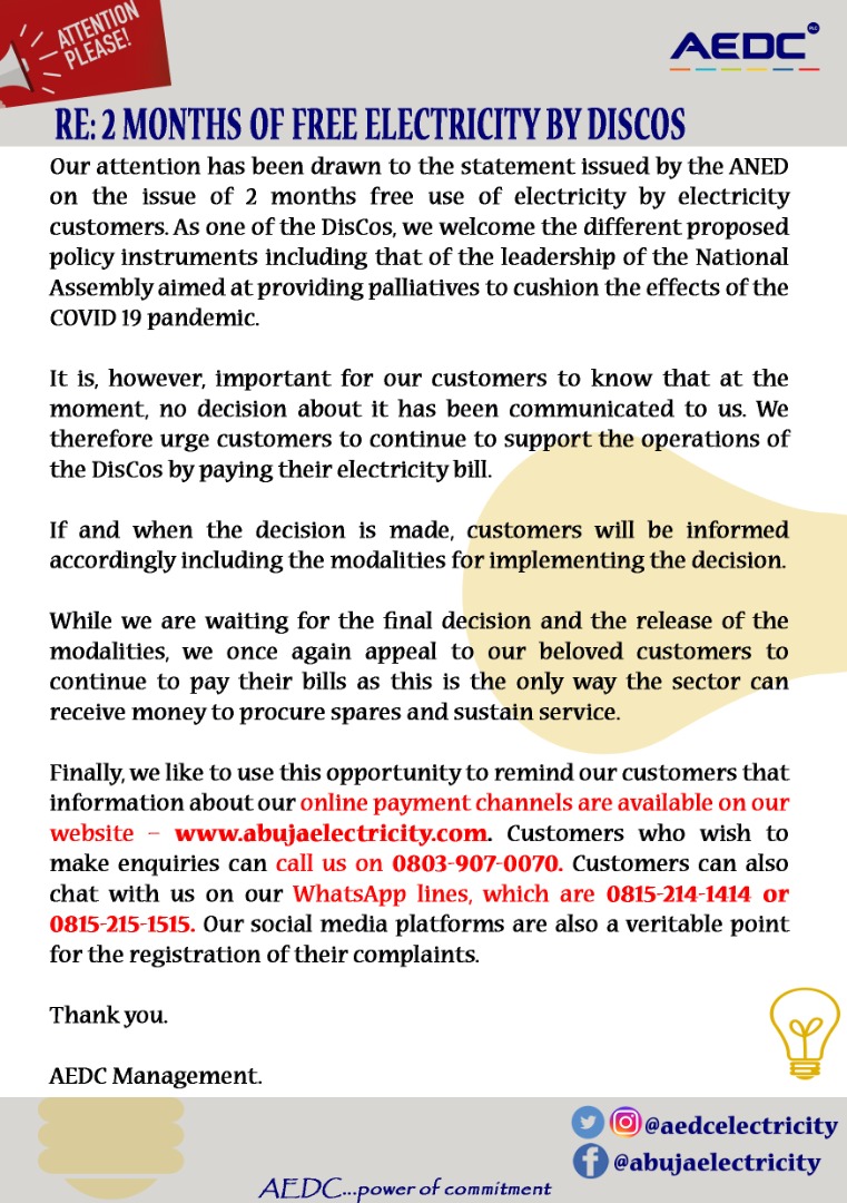 2 months of free electricity by discos – AEDC